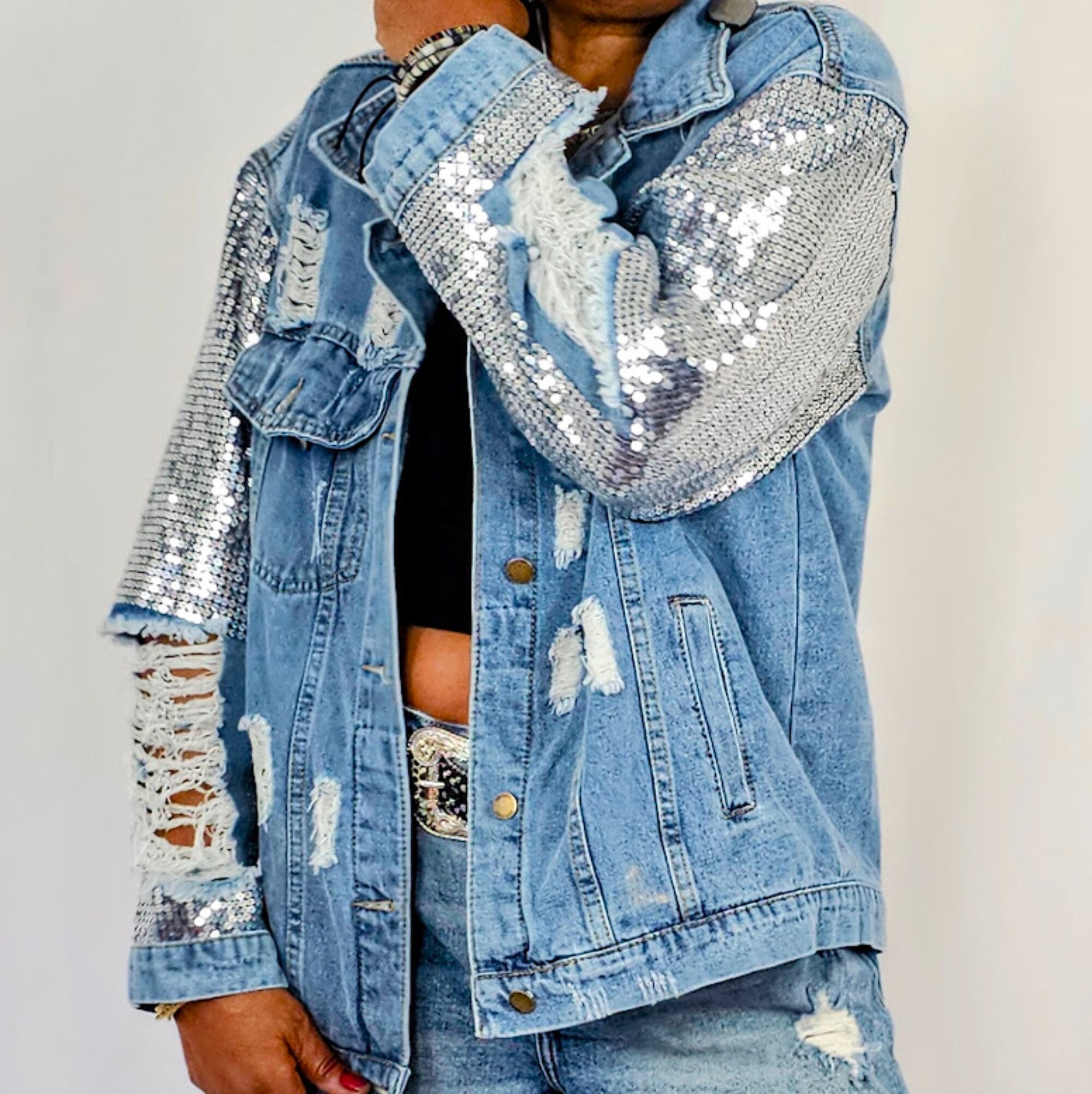 Sequin Embellished Denim Jacket-boho Chic Street Style-loose Fit for ...