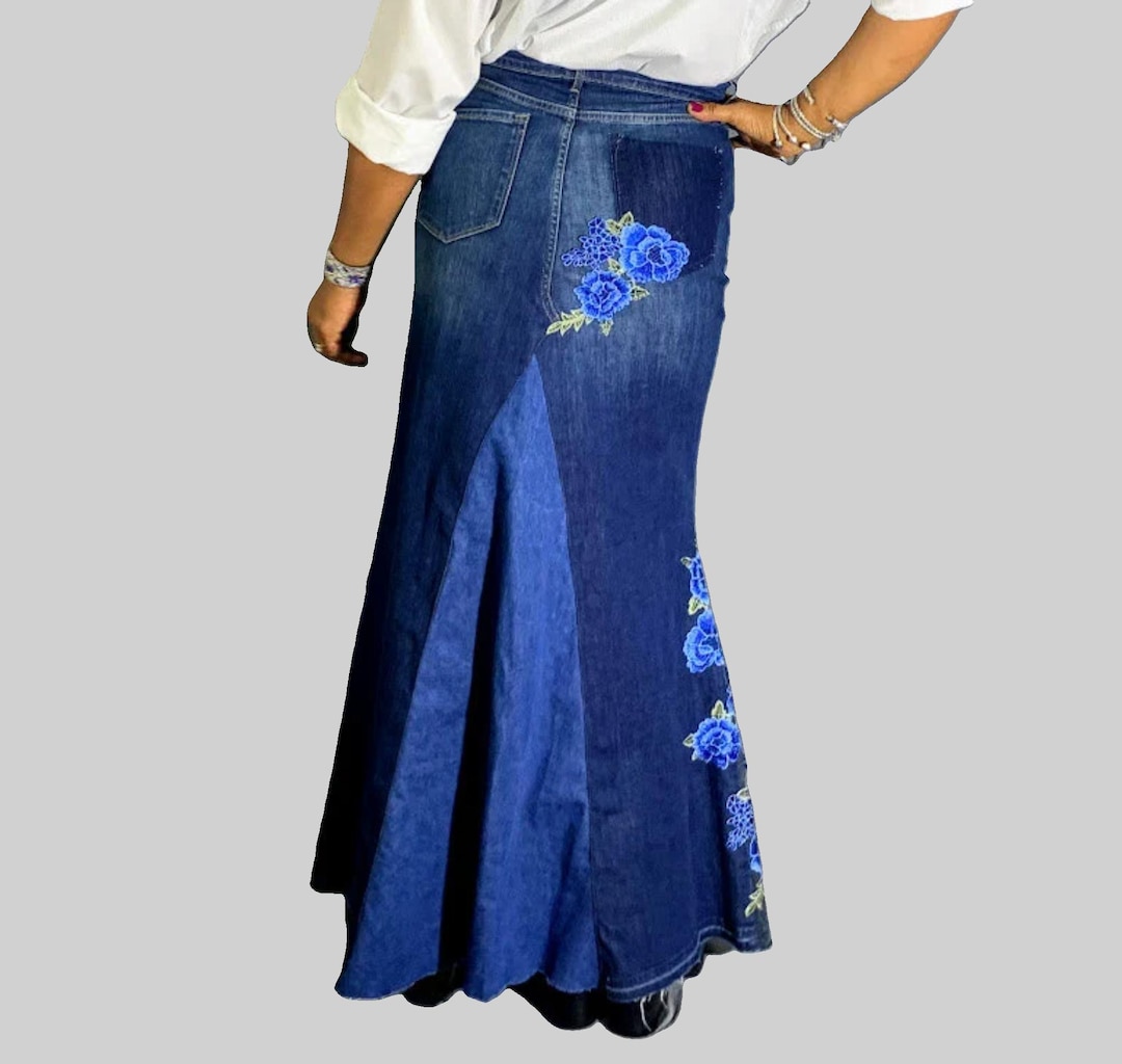 Boho Patchwork Stretch Denim Maxi Skirt, Mermaid Fit Reworked Jean ...