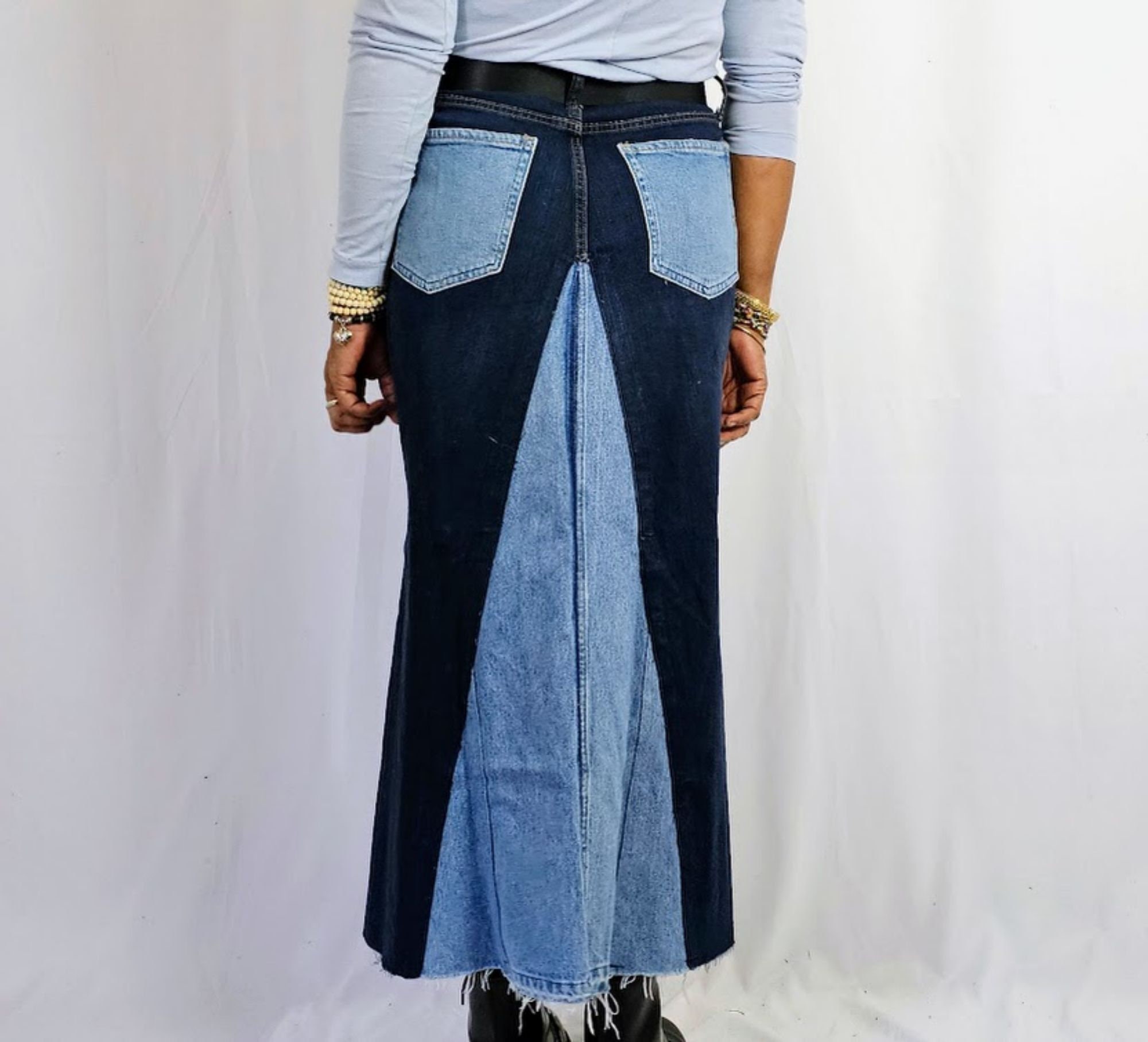 Two Tone Denim Maxi Skirt, Customized Hand Pieced Patchwork Long Jean ...