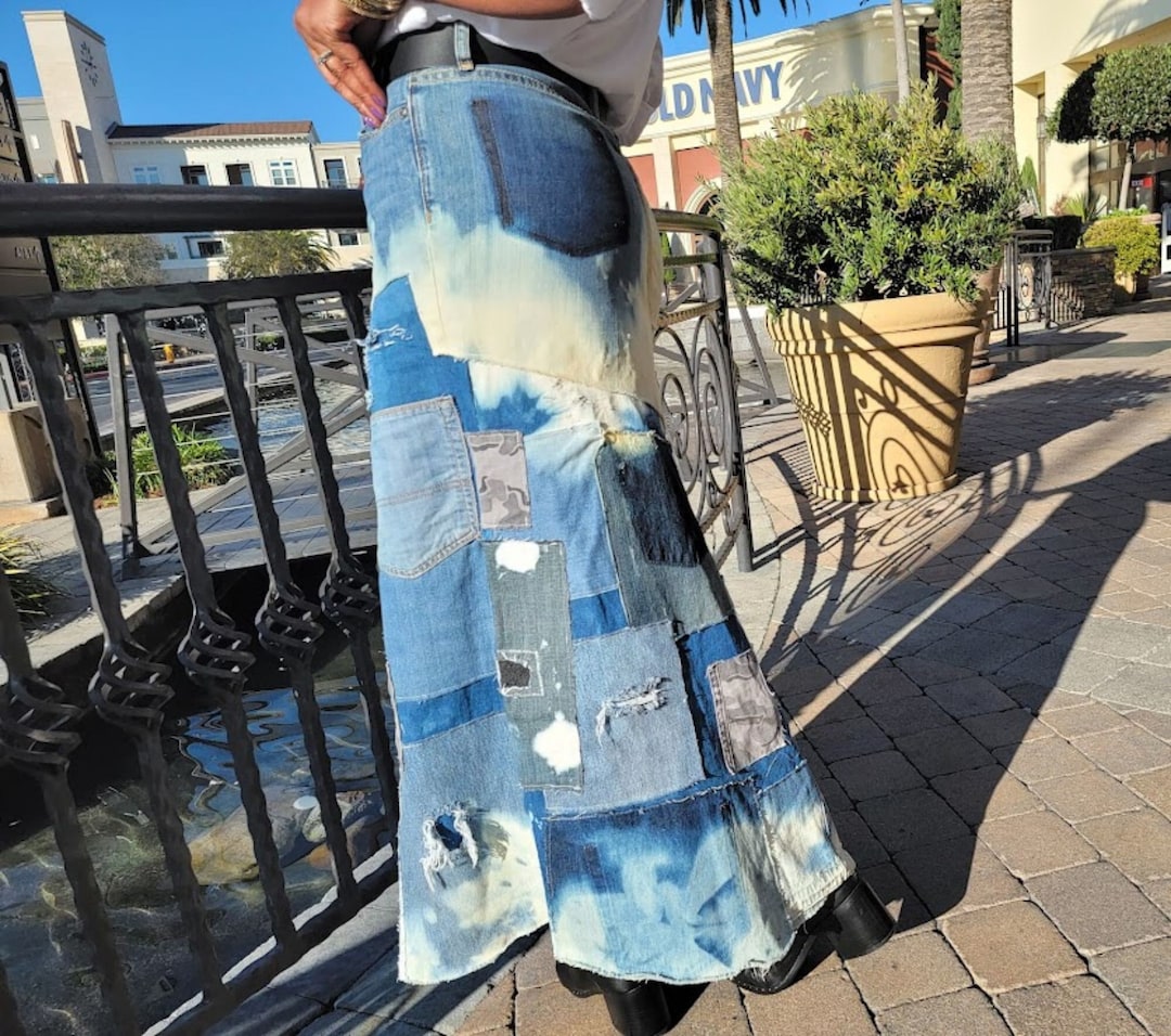 Denim Patchwork Maxi Skirt, Hand Pieced Redesigned Patchwork Jean Skirt, Distrssed Frayed Denim ...