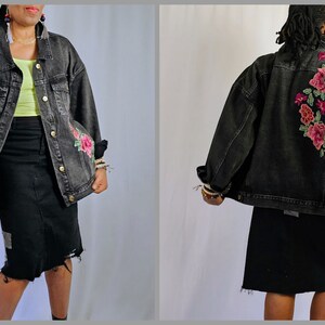 Plus Size Black Floral Embroidered Applique Customized Cotton Jean ...