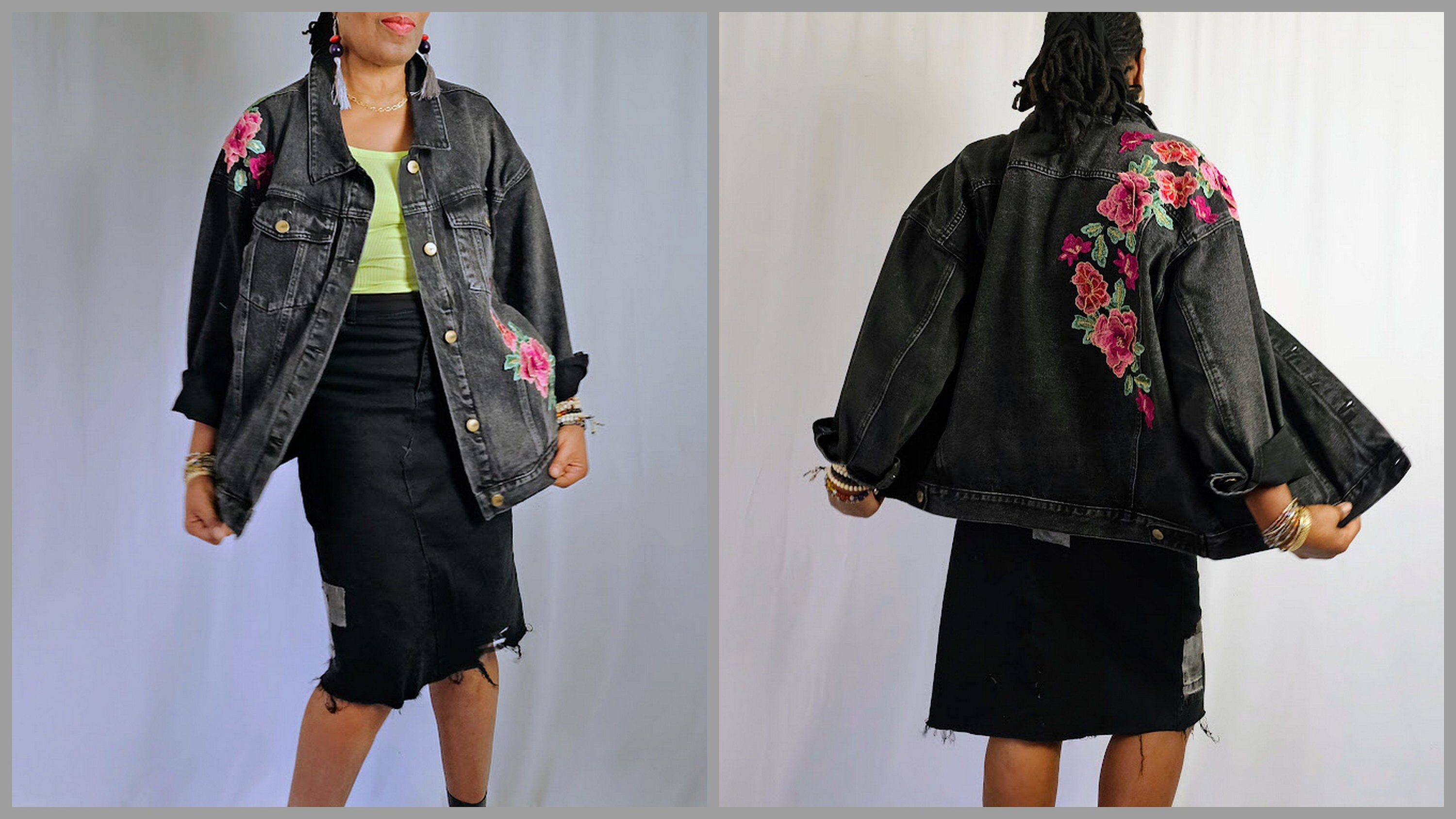 Plus Size Black Floral Embroidered Applique Customized Cotton Jean ...