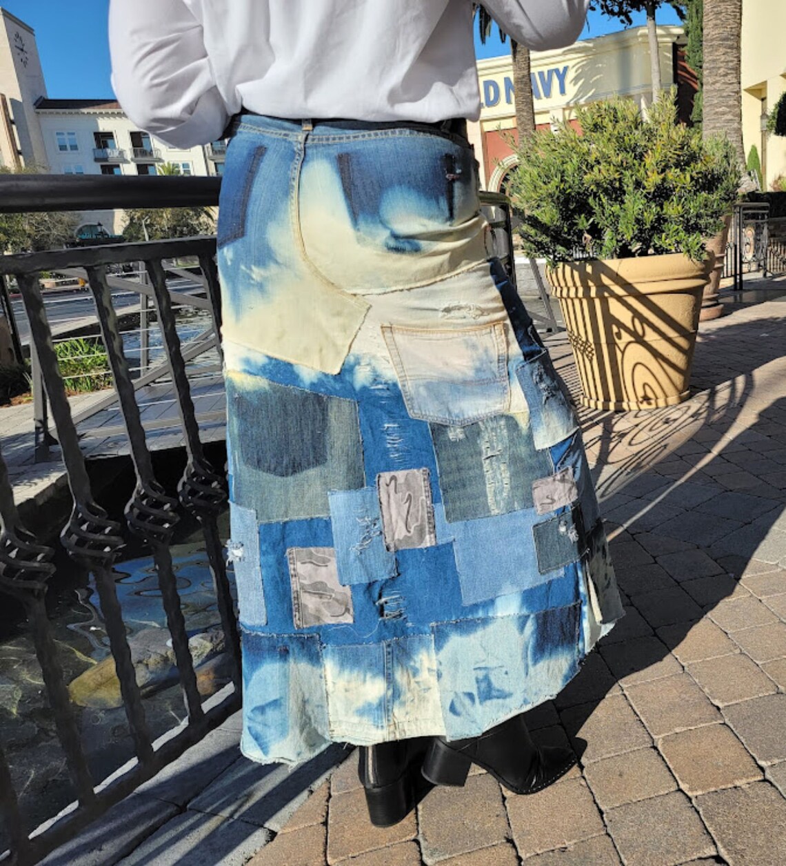 Denim Patchwork Maxi Skirt, Hand Pieced Redesigned Patchwork Jean Skirt, Distrssed Frayed Denim ...