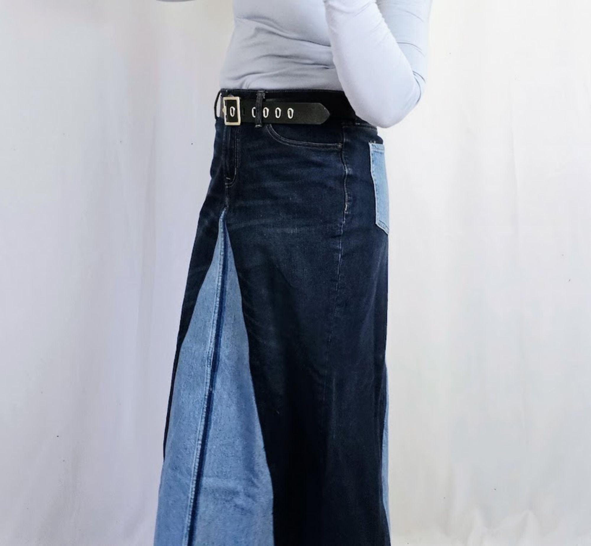 Two Tone Denim Maxi Skirt, Customized Hand Pieced Patchwork Long Jean ...
