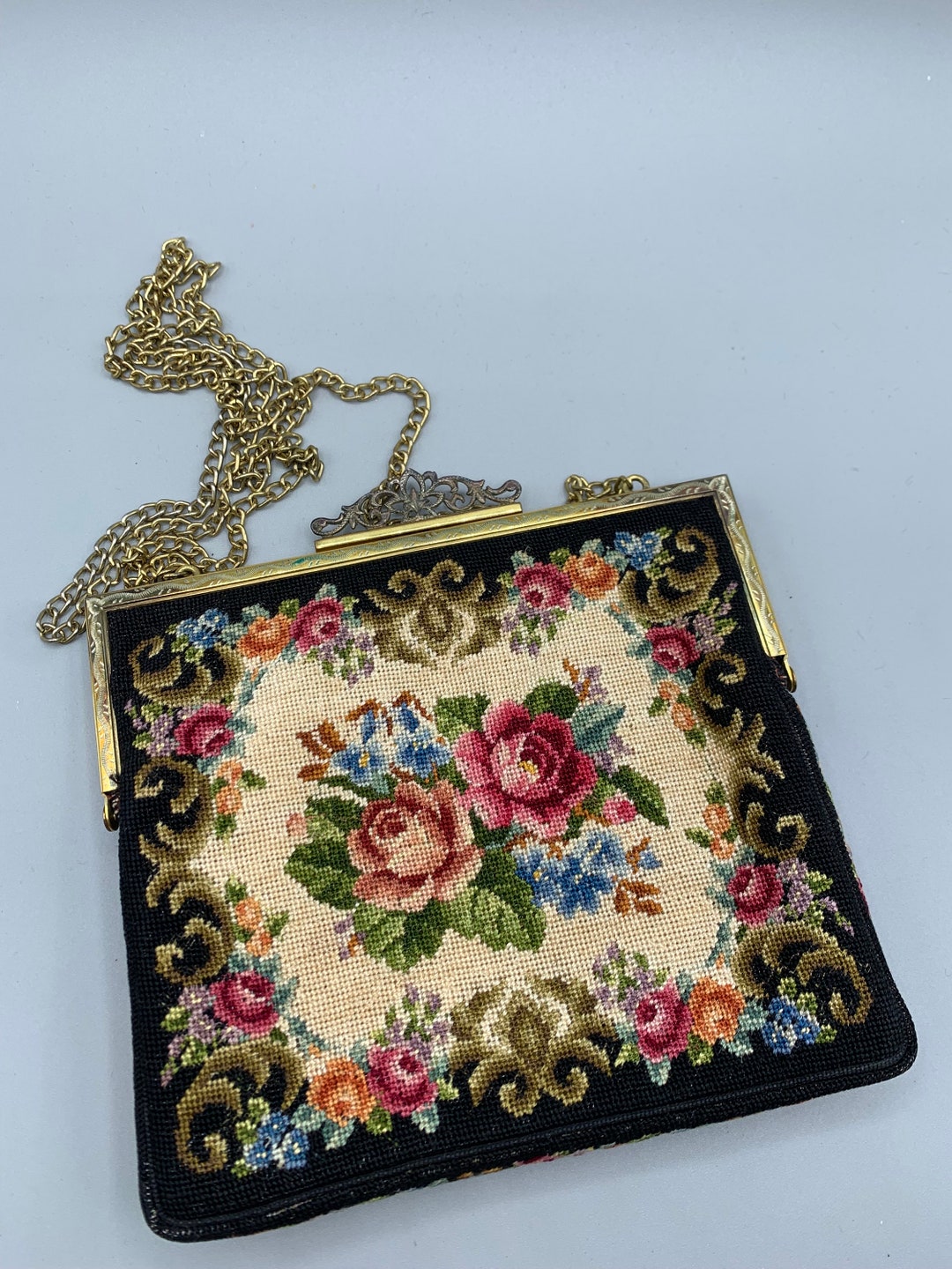 Vintage French Embroidered Tapestry Floral Purse Clutch Petit Point ...