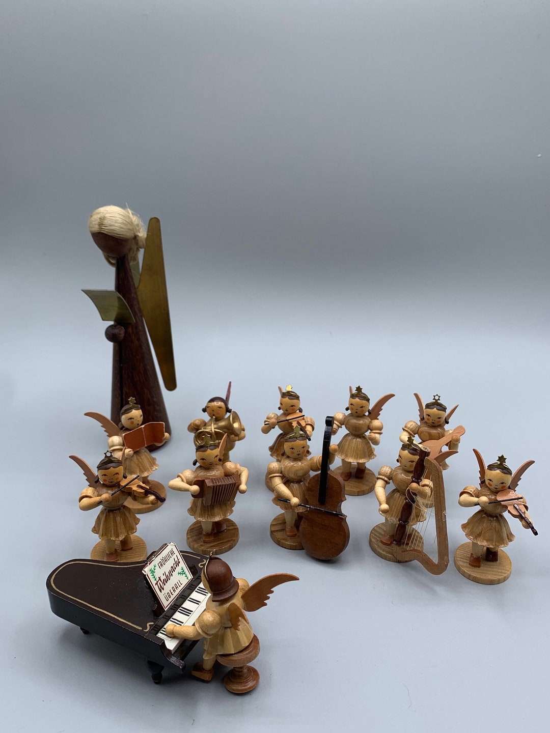 Erzgebirge Vintage Wooden Hand Carved Musical Angels Set 12 Figurines ...