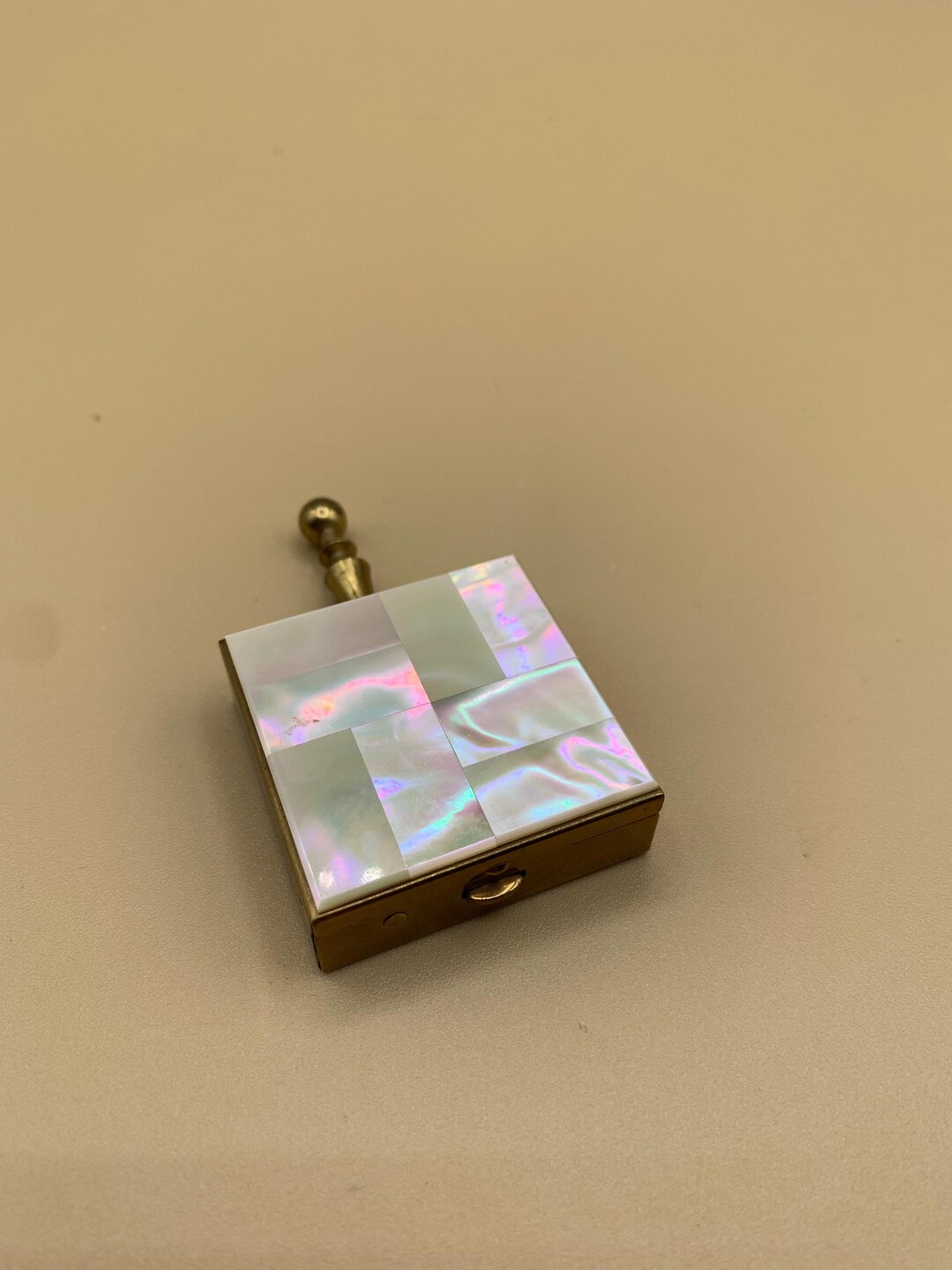 Vintage Mother of Pearl Pill Box/brass Portable Ashtray/trinket Box/mid ...