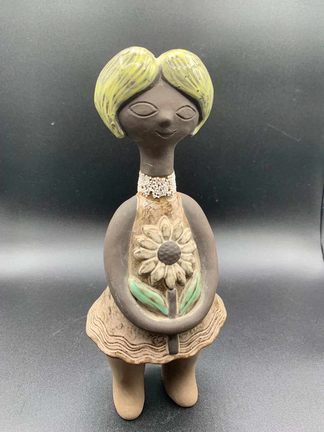 Ceramic Girl Glazed Statue Sunflower Figurine Signed KE Iwar/made in ...