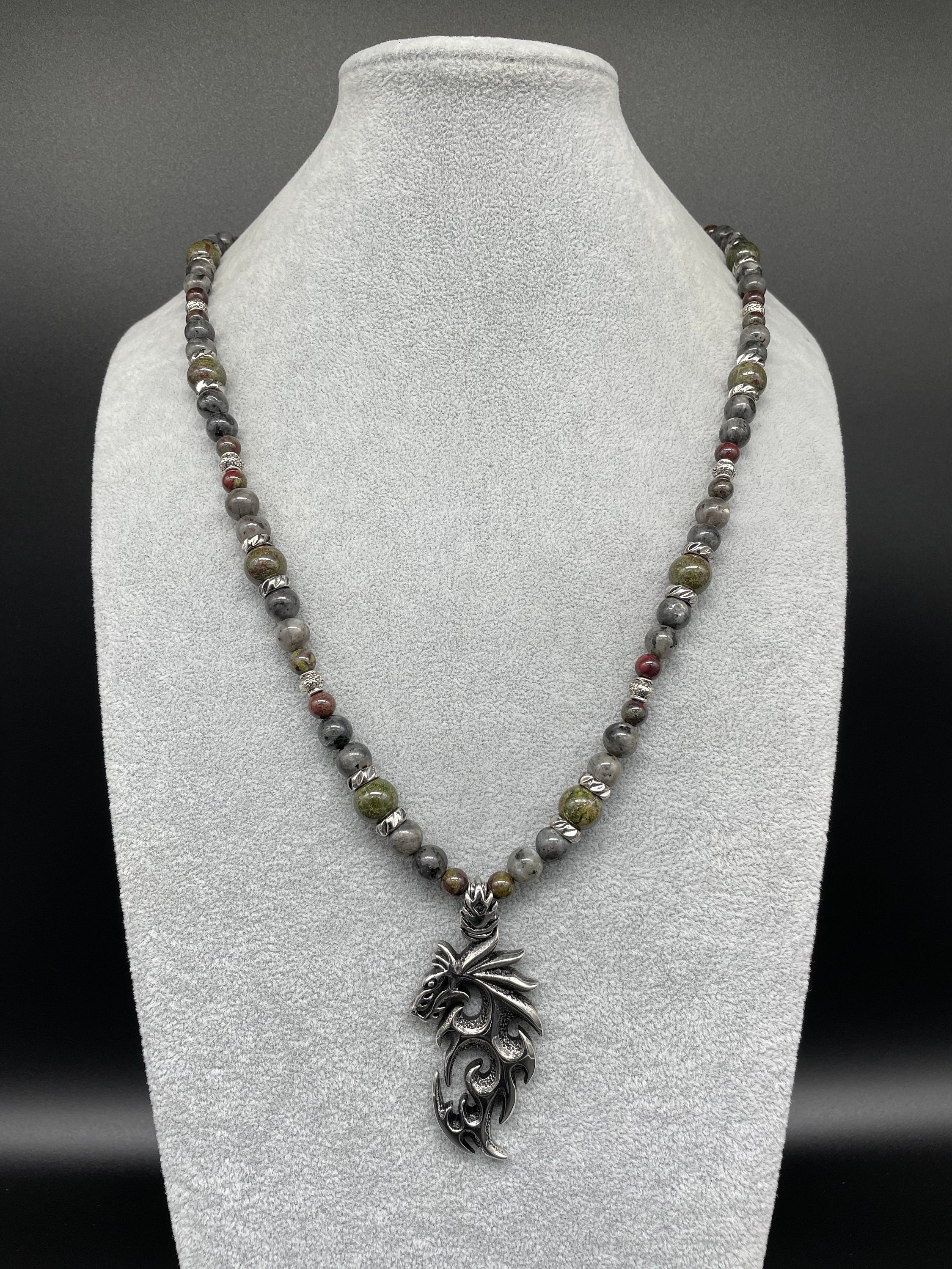 Drachen Blut Jaspis Halskette, Larvikit Halskette, 316L Edelstahl Tribal Drachen Anhänger ...