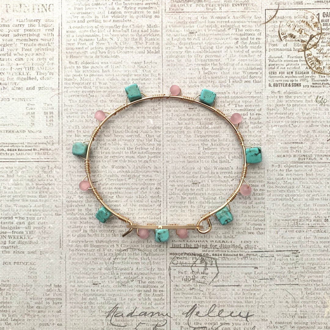 Gold Triangle Copper Bangle Turquoise / Wire Wrapped Semi Precious ...