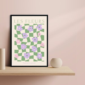 Les Fleurs Pastel Art Print, Aesthetic Decor, Green Funky Checkered ...