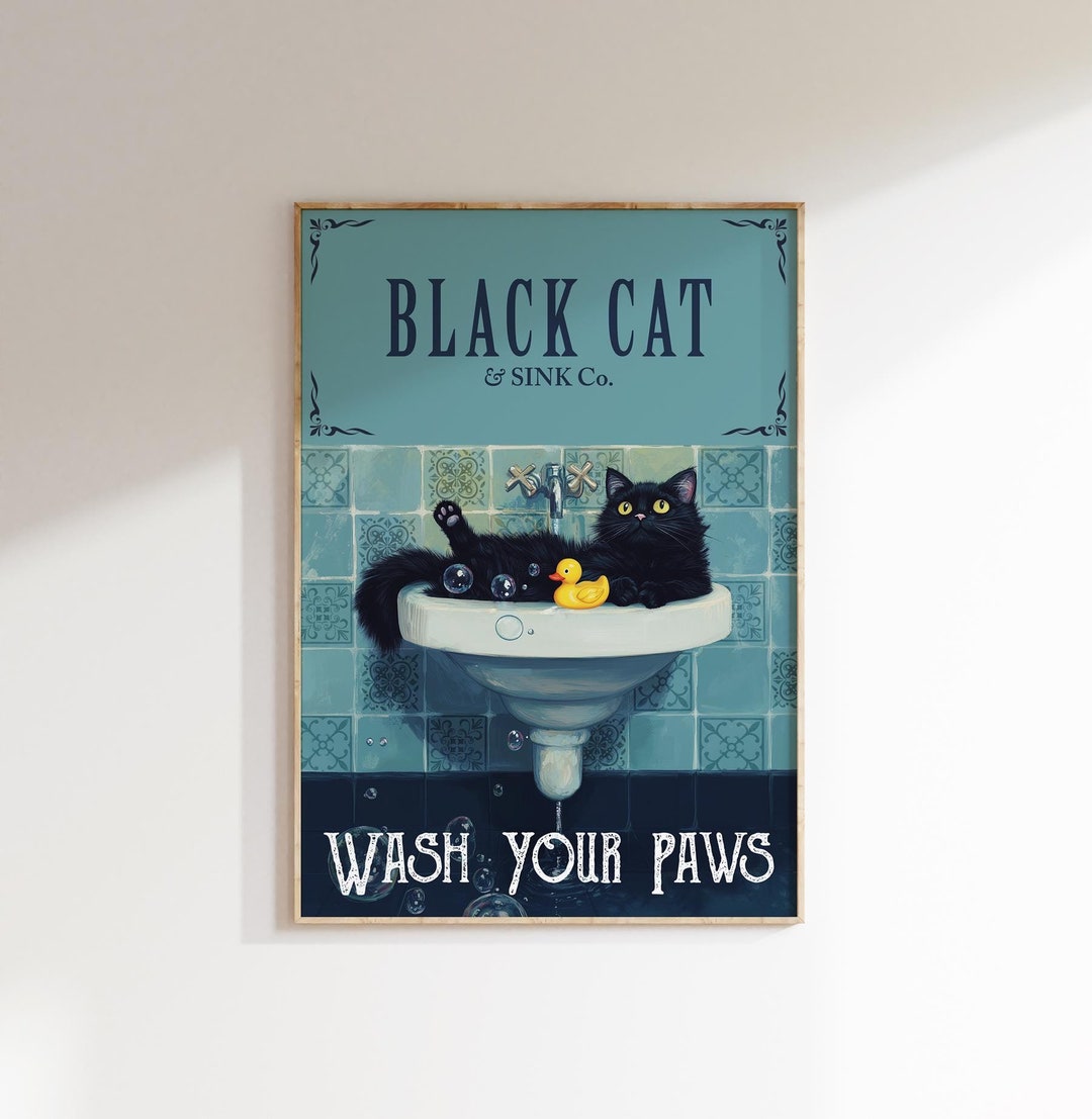 Black Cat Sink Co Poster Bathroom Art Toilet Art Print Black Cat
