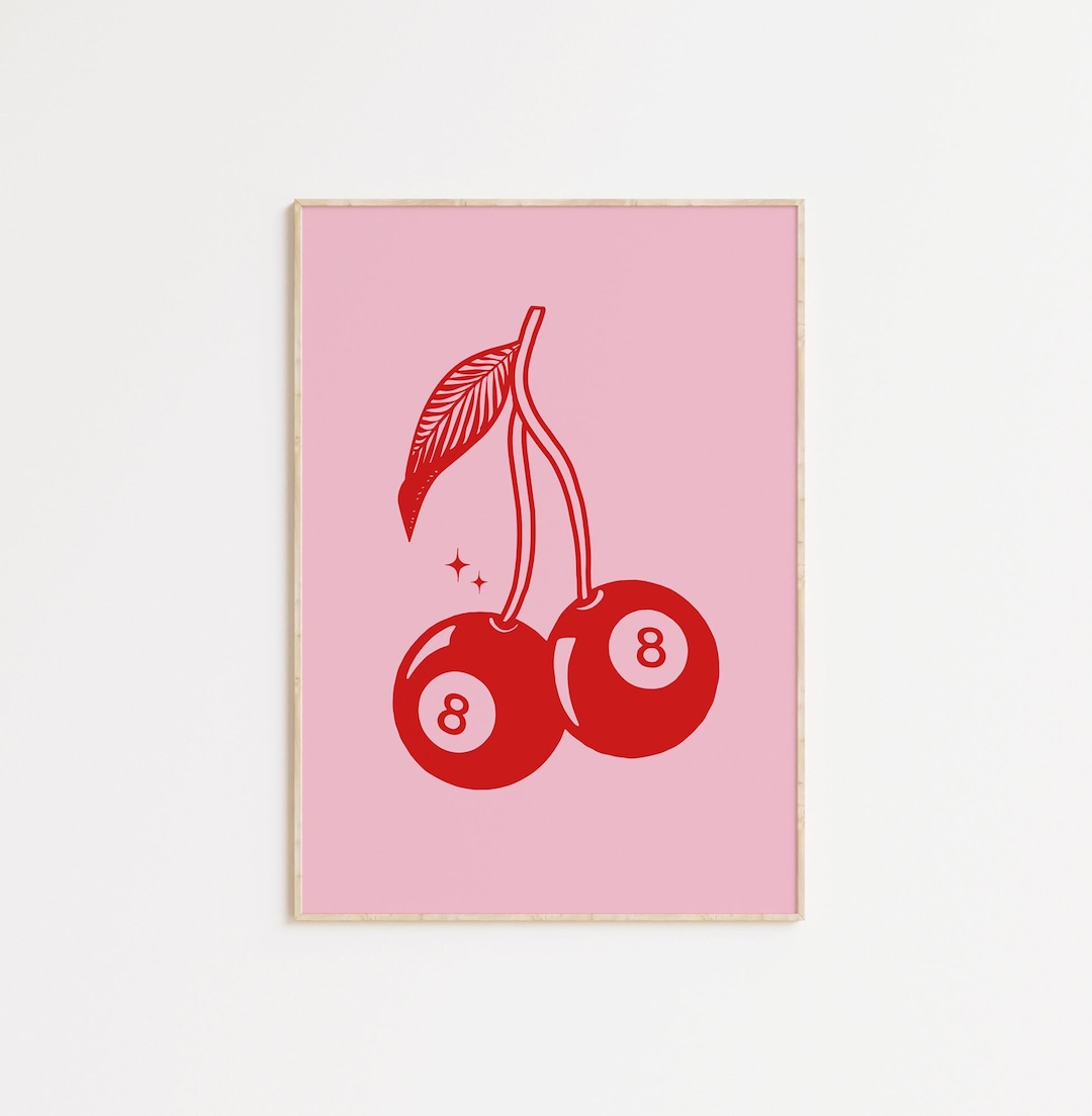 Pink Eight Ball Cherry Art Print, Retro 8 Ball Poster, Cherries Print ...