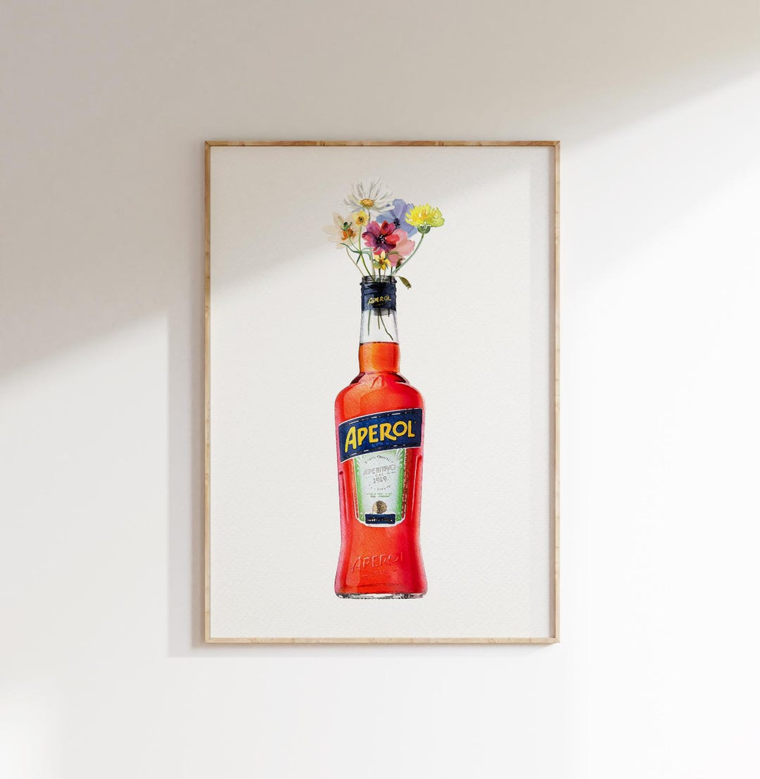 Aperol Spritz Bottle With Flowers Art Print, Cocktail Bar Cart Decor ...