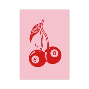 Pink Eight Ball Cherry Art Print, Retro 8 Ball Poster, Cherries Print ...
