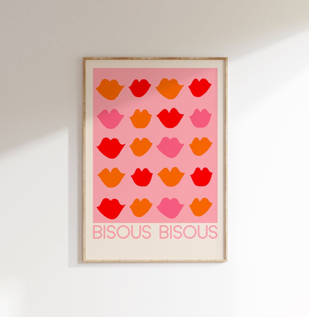 Bisous Poster, Pink & Red Art, Kisses Poster, Lips Print, Bisous Print, Pink Art, Kiss Print ...