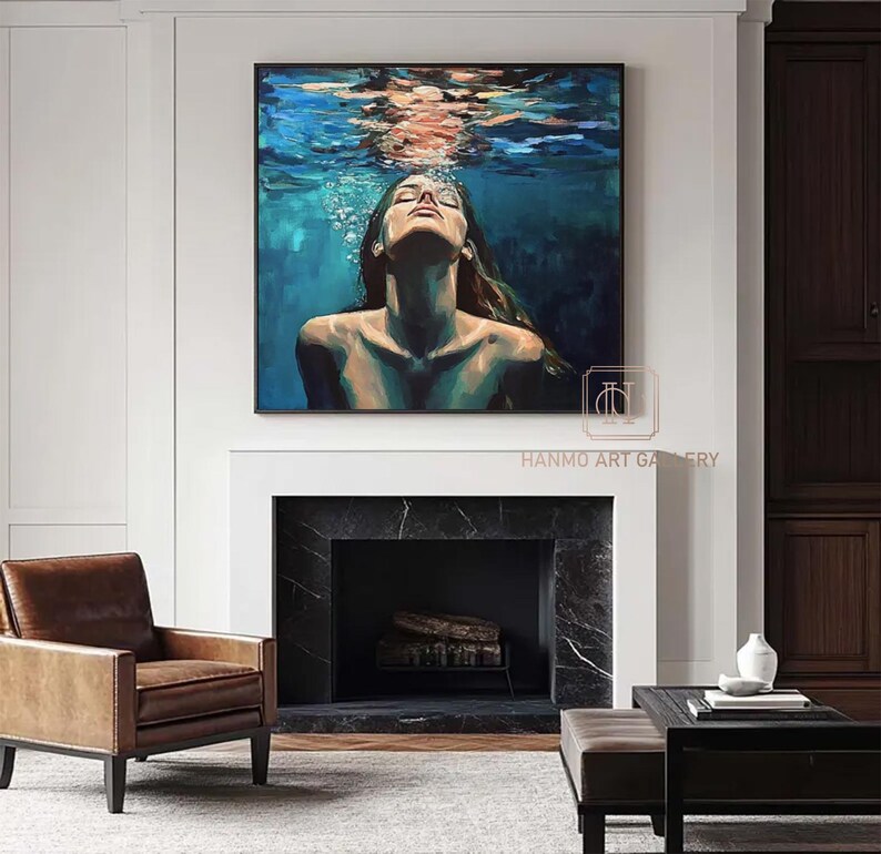 Diving Girl Oil Painting, Underwater Swimming Woman Wall Art, Blue ...
