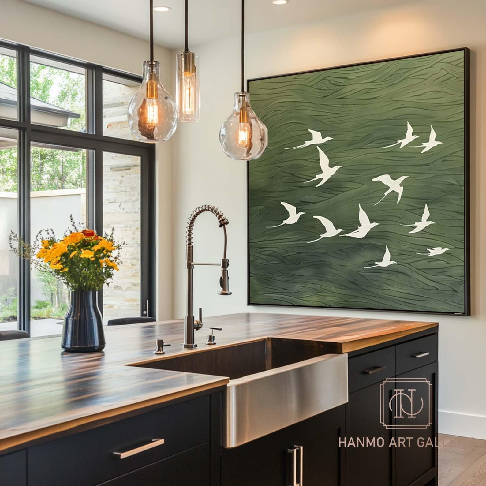 Surrealist Dark Green Sky Painting Dark Green Wall Decor · Birds ...