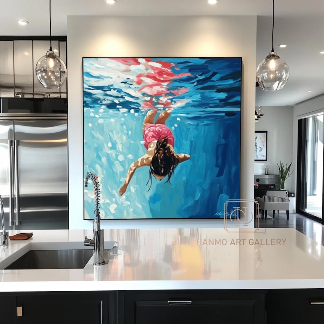 Diving Oil Painting Diving Wall Art Swimming Girl Painting Blue ...
