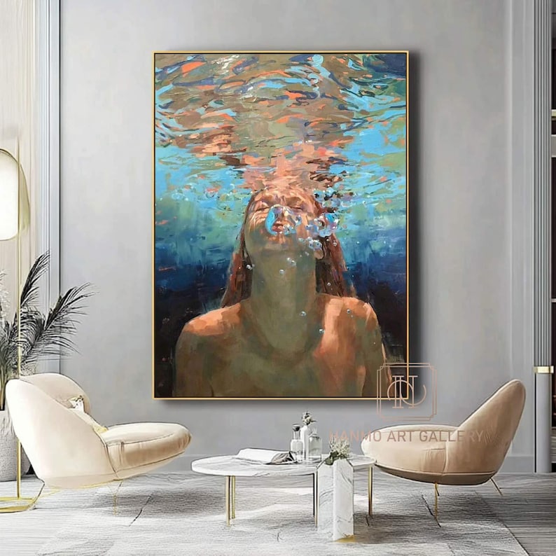 Diving Oil Painting Diving Wall Art Swimming Girl Painting Blue ...