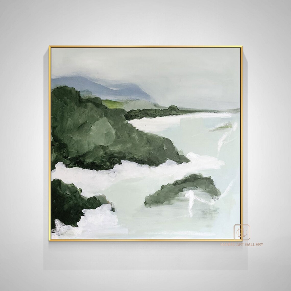 Abstract landscape painting green land canvas art smokey grey | Etsy