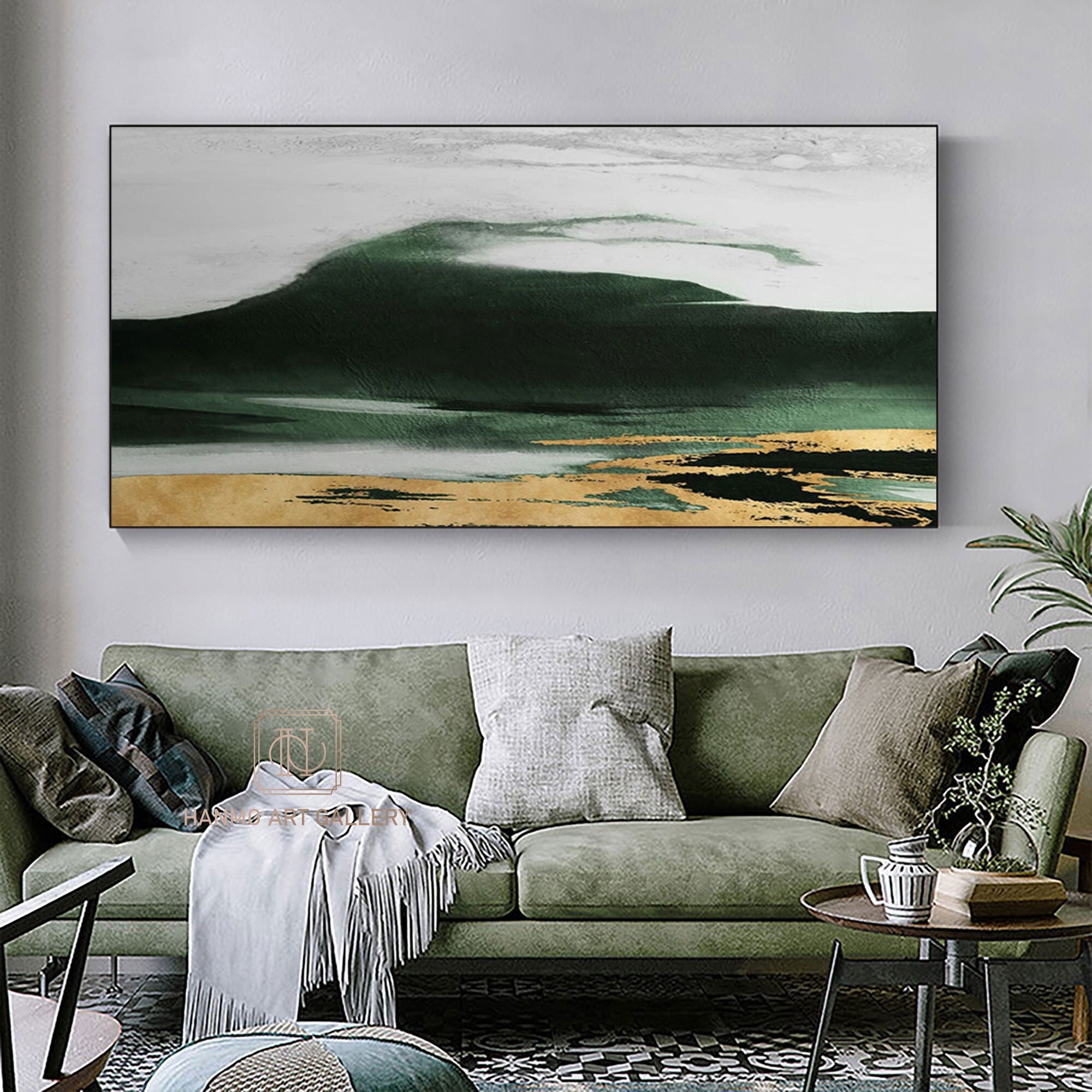 Original Acrylic Abstract Painting Green Gold White Neutral | Etsy