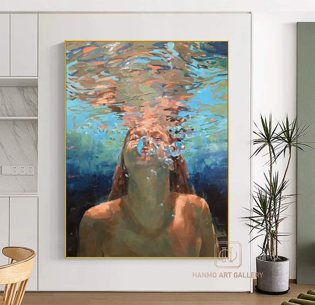 Diving Oil Painting Diving Wall Art Swimming Girl Painting Blue ...