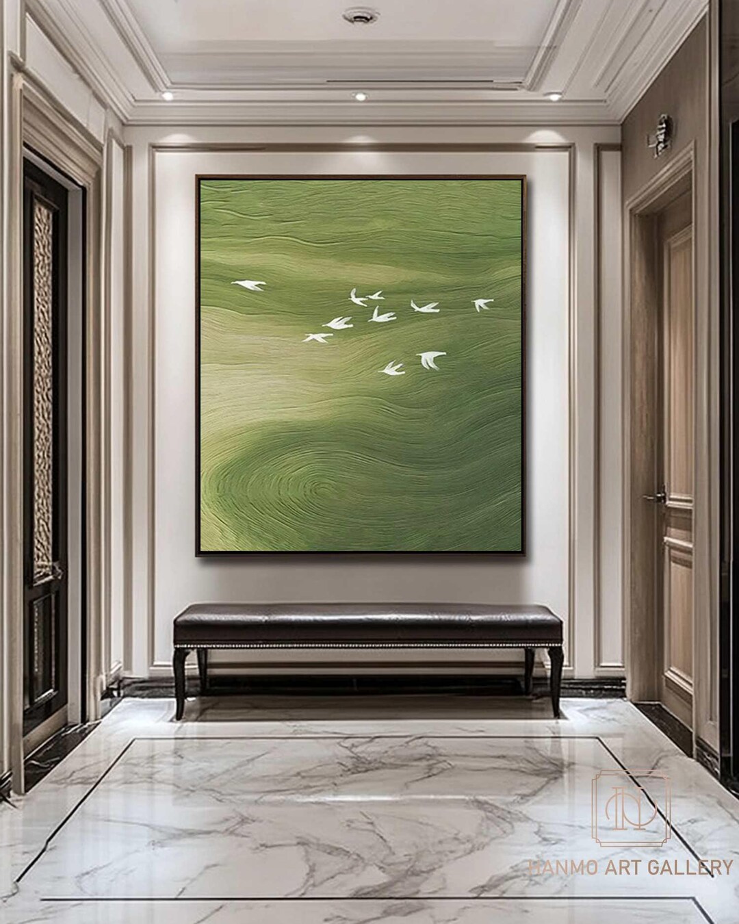 Flock of Birds Painting, Green and White Wall Art,flying Bird, Animal ...