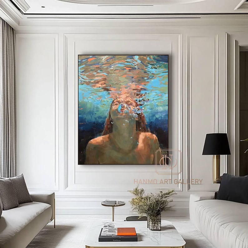 Diving Oil Painting Diving Wall Art Swimming Girl Painting Blue ...