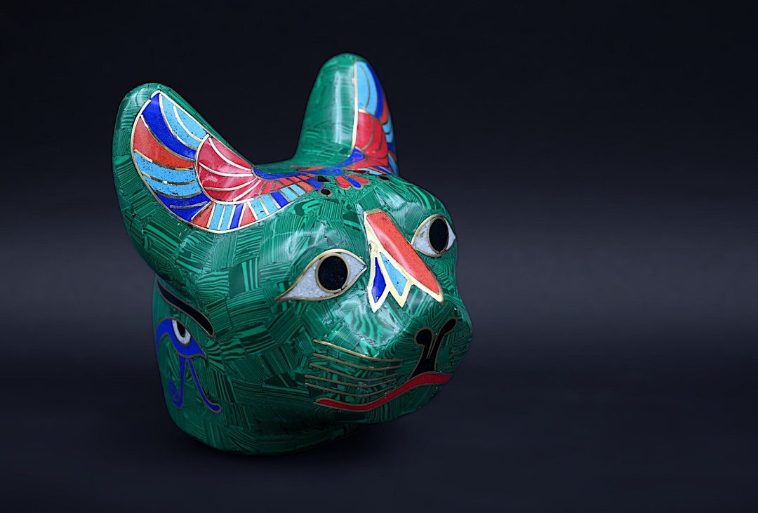Egyptian Bastet Statue: Stone Cat Goddess With Copper Inlay - Etsy