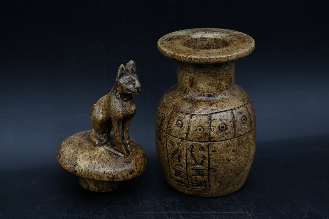 Handcrafted Egyptian Jar With Bastet Lid: Natural Stone Decor, Made in ...