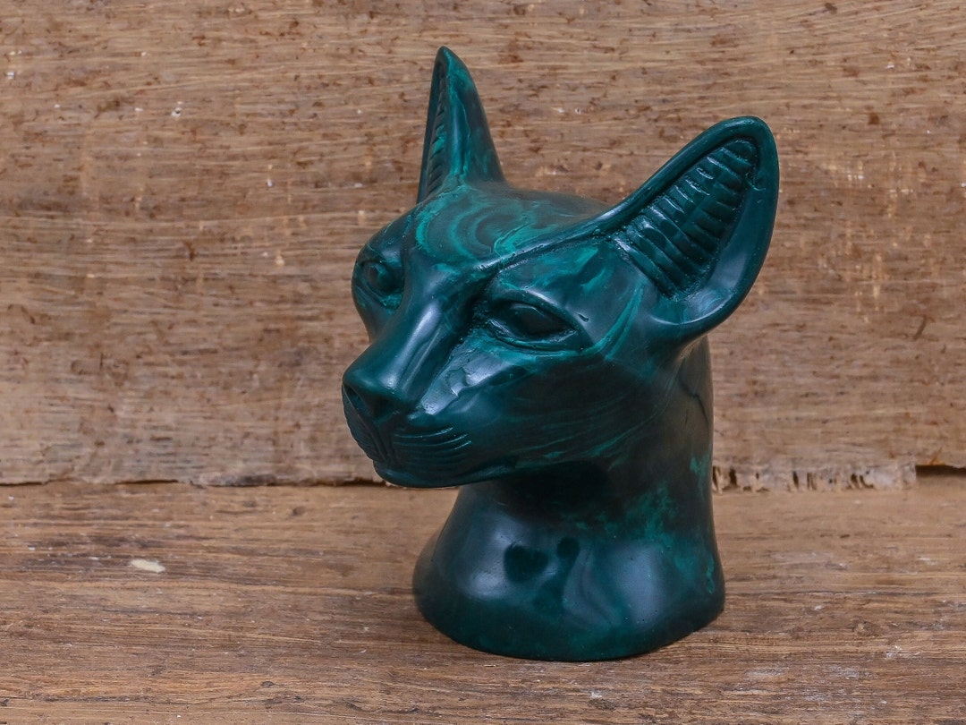 Statue of the Head of the Goddess Bastet, a Cat, Made of Malachite ...