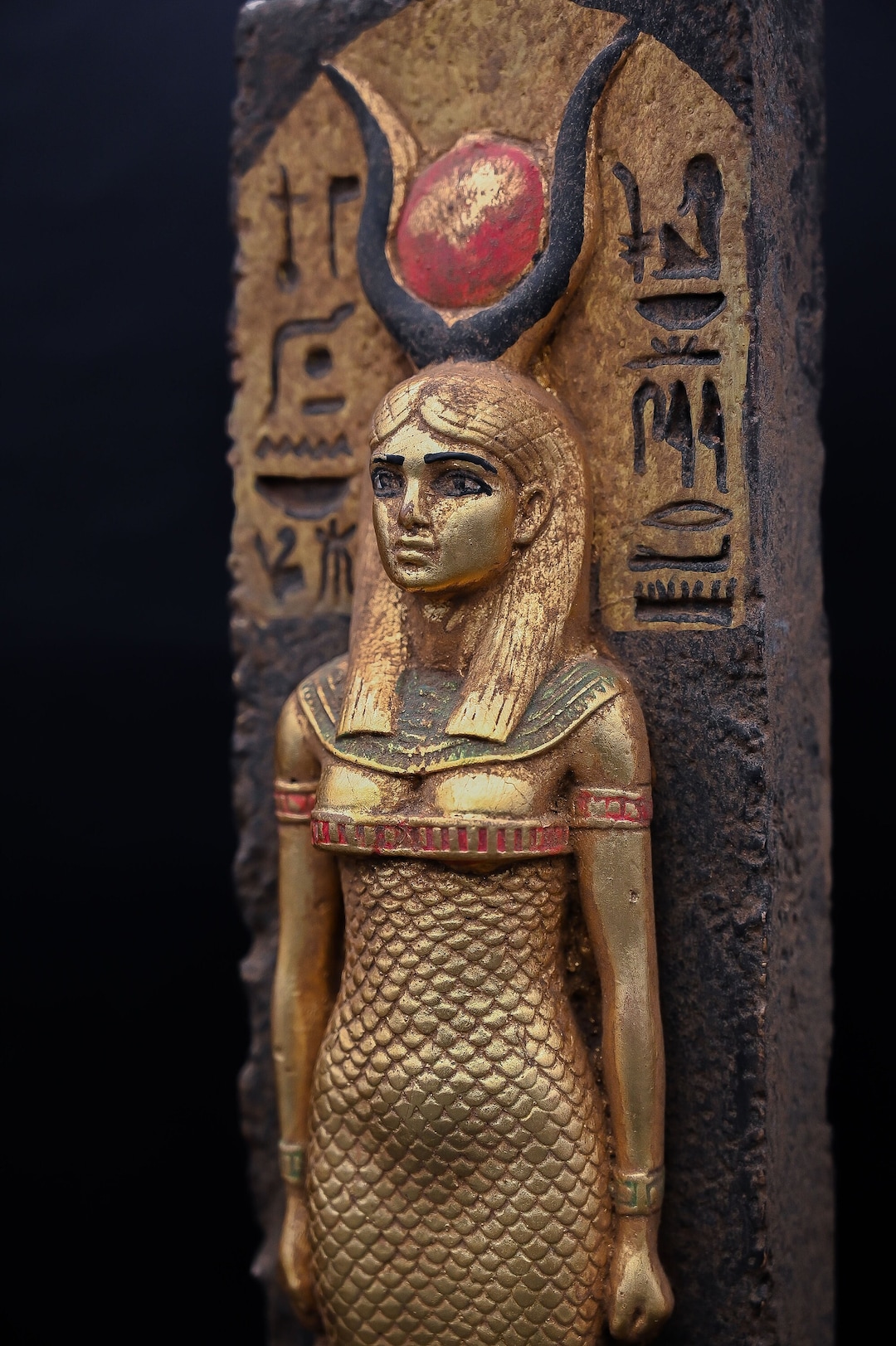 Rare Statue of Goddess Hathor Black Sculpture Relief Large Hieroglyphic ...