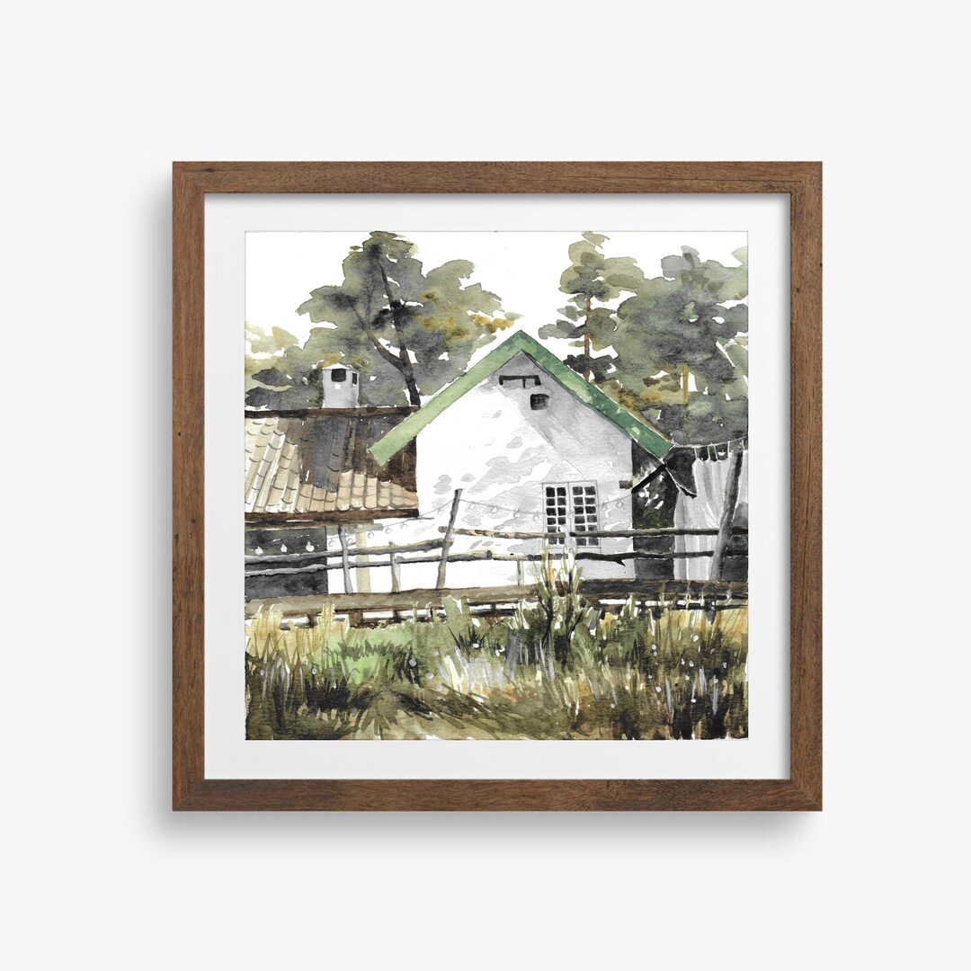 Farmhouse Print, Watercolor Green House Painting, Nature Wall Art - Etsy