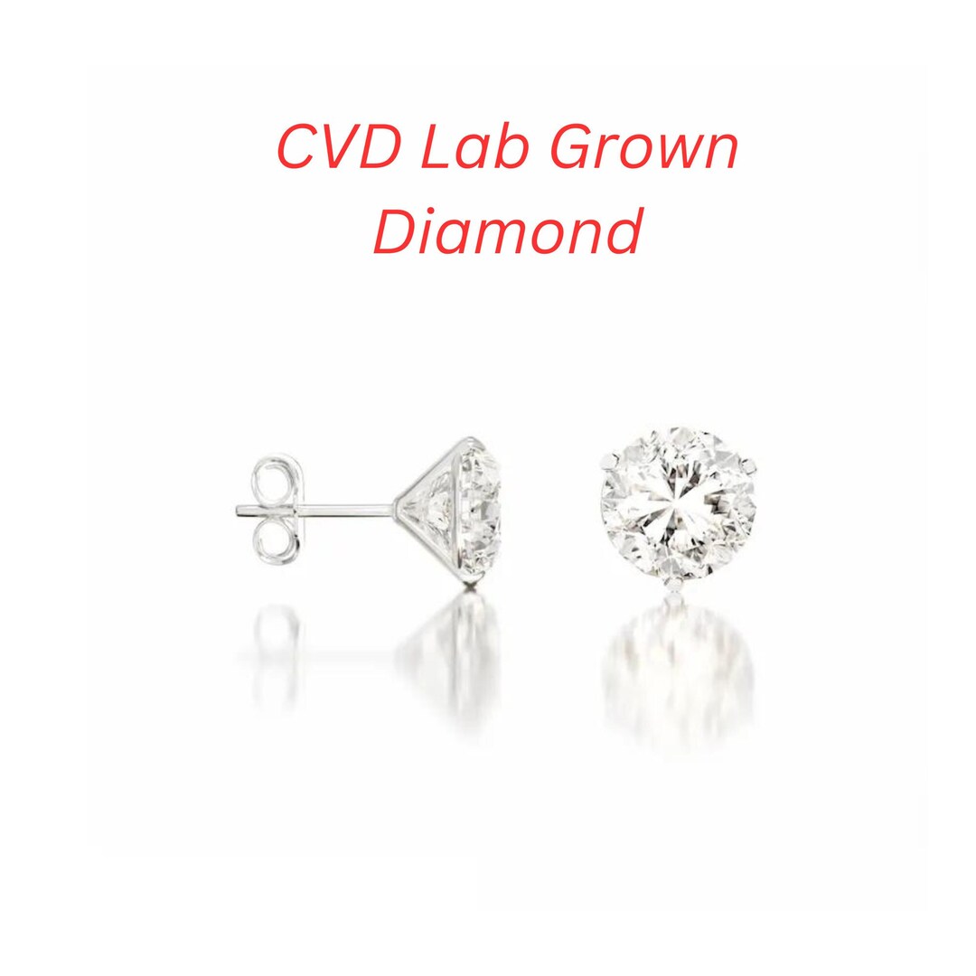 Lab D/VVS Diamond CVD 3-prongs Martini Studs Round Earrings Real 14K Solid White Gold Push-back ...