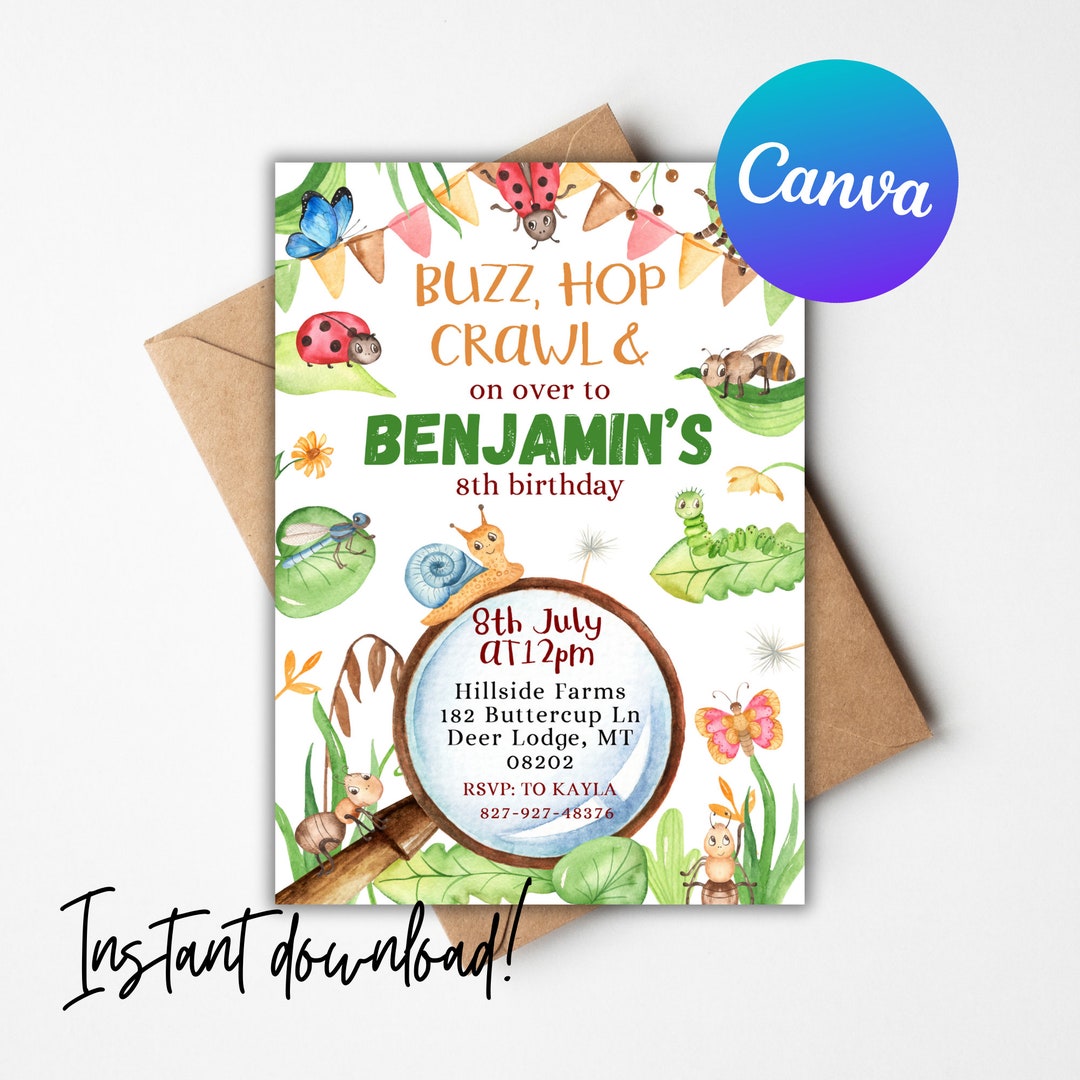 Insect Bugs Birthday Invitation, EDITABLE Outdoor Invite Template, Buzz ...