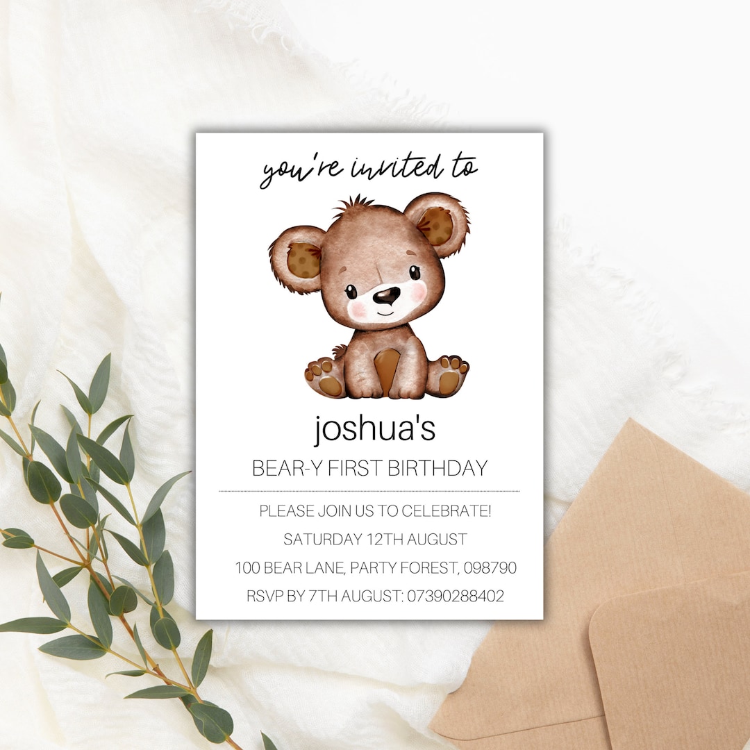Editable Bear First Birthday Invitation, Bear Themed Party, Digital ...
