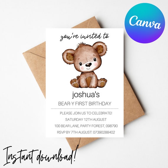 Editable Bear First Birthday Invitation Bear Themed Party - Etsy