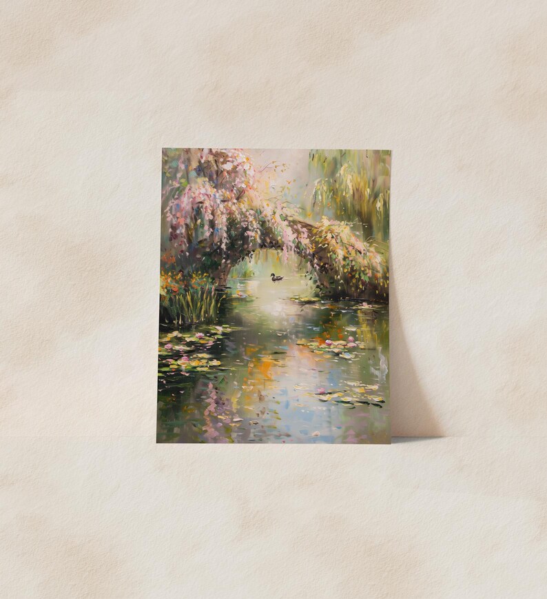 Monet Style Garden Bridge Art Print | Pastel Floral Pond | Digital ...
