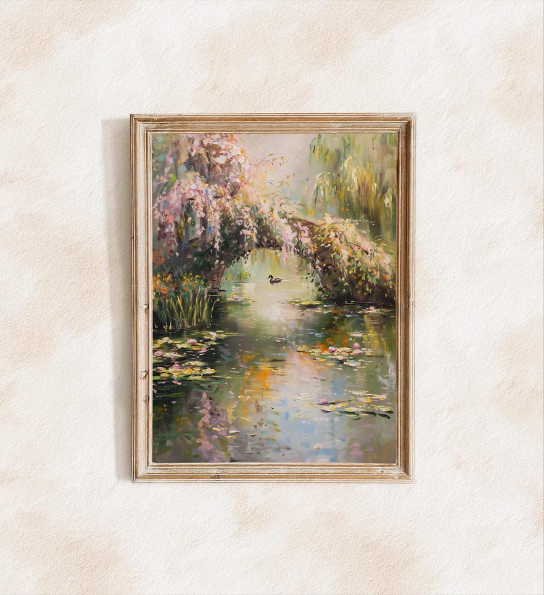 Monet Style Garden Bridge Art Print | Pastel Floral Pond | Digital ...