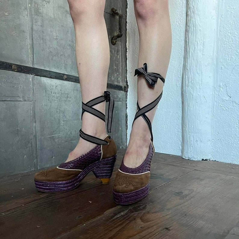UNDERCOVER Spider Motif Purple and Tan Suede Studded Woven Tie-up Heels ...
