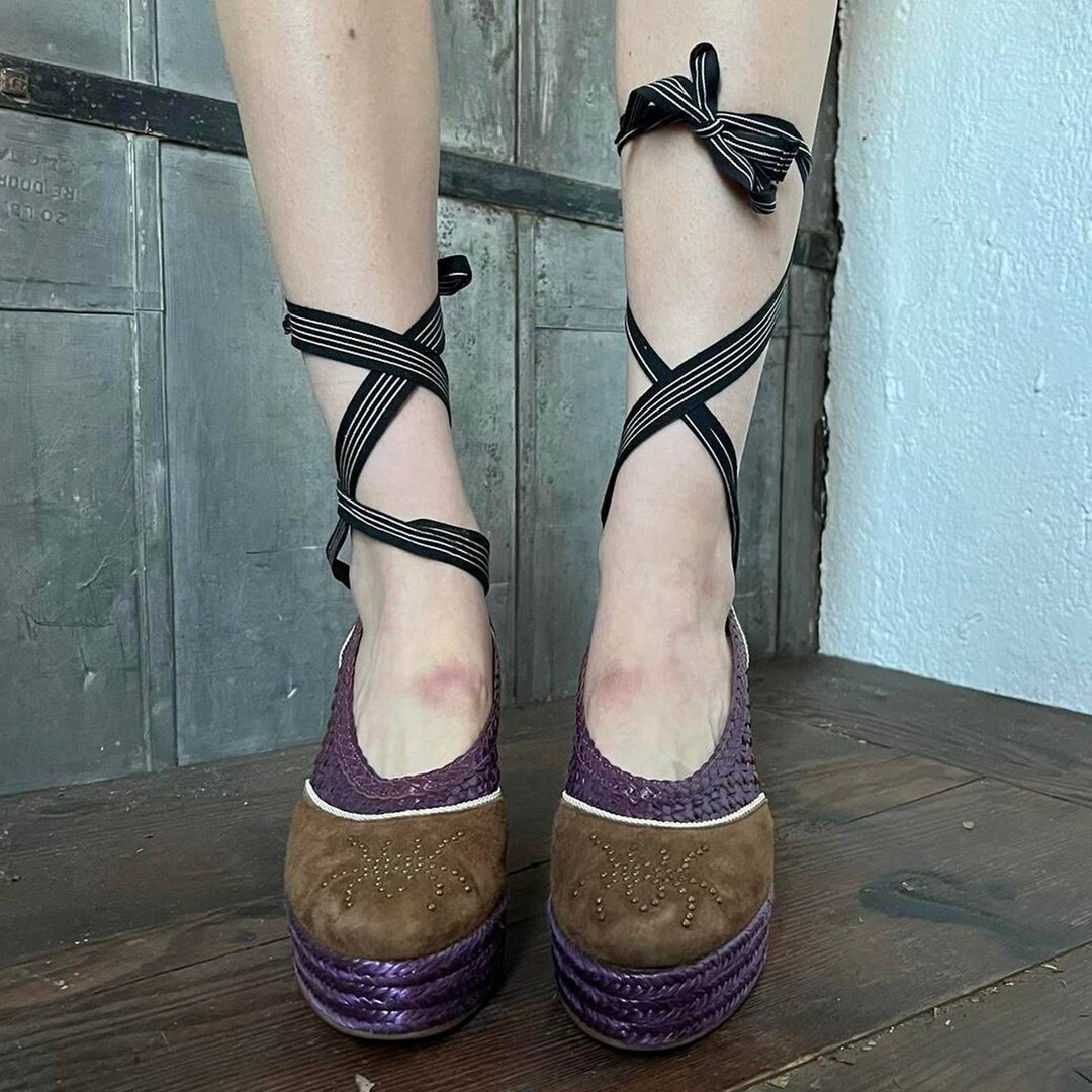 UNDERCOVER Spider Motif Purple and Tan Suede Studded Woven Tie-up Heels ...