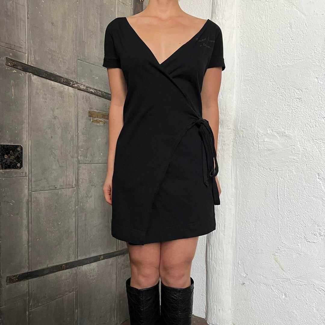 CHANTAL THOMASS Logo Script Black Crossover Tie UP Jersey Dress - Etsy