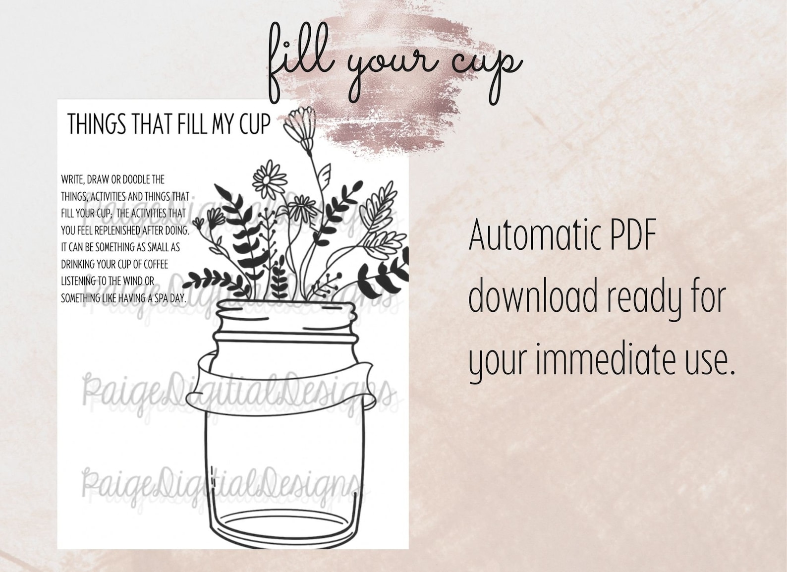 Fill Your Cup Self Care Worksheet for Self Love Journal - Etsy