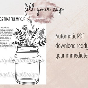 Fill Your Cup Self Care Worksheet for Self Love Journal - Etsy