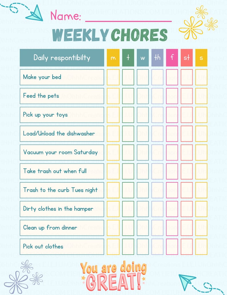 Weekly Chore Chart, Kids Chore Chart, Kids Chore List, Cute Design ...