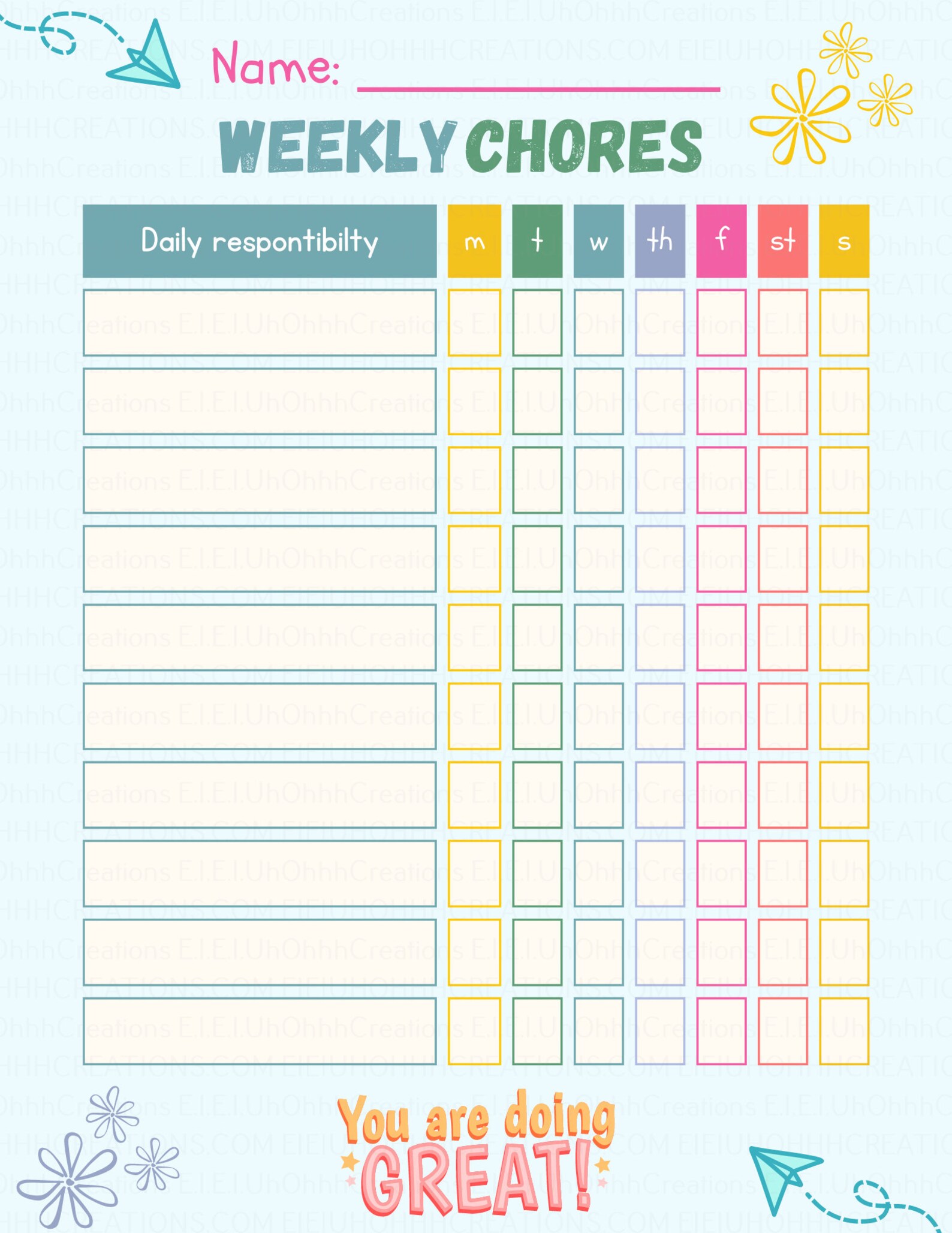 Weekly Chore Chart, Kids Chore Chart, Kids Chore List, Cute Design ...