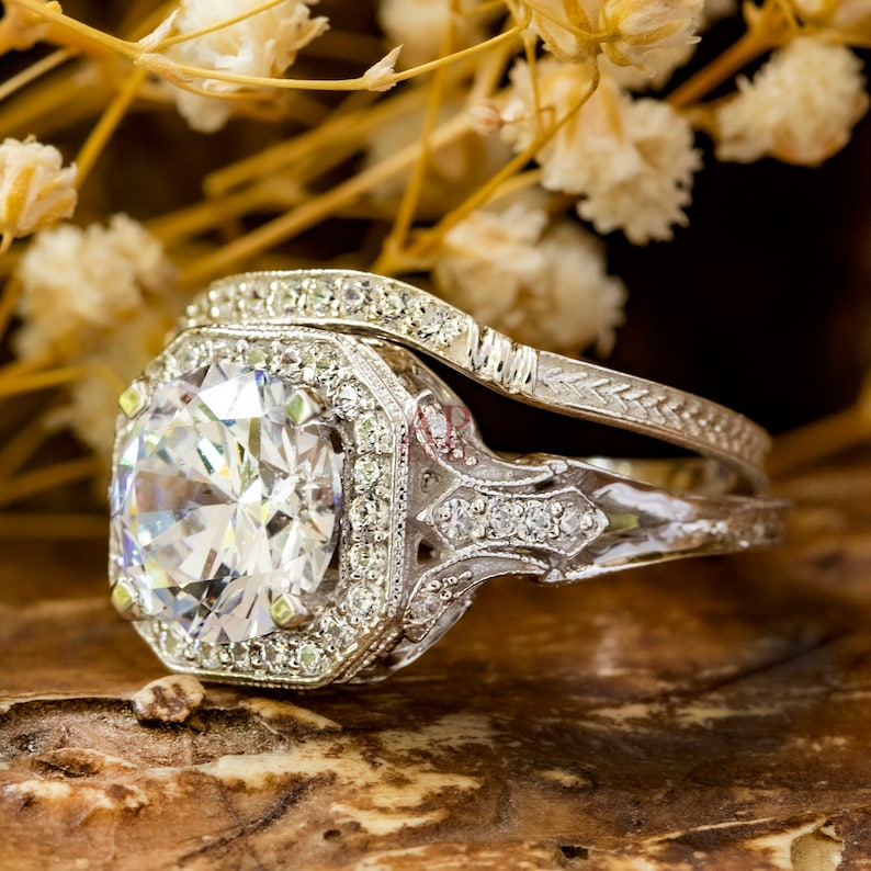 Circa 1930's Vintage Ring Set, Round Cut CZ & Moissanite Diamond Art ...