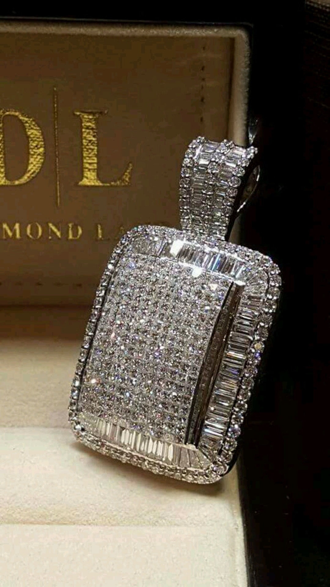 Luxurious Charm Dog Tag Pendant, Baguette & Round CZ Stone Square Shape ...