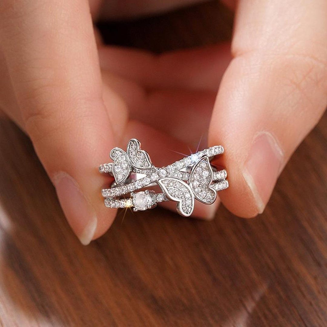 Two Cute Flying Butterfly Ring, Criss Cross Engagement Ring, 14K White ...